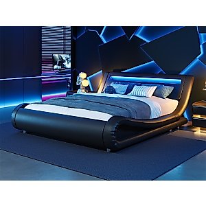 WEEWAY Modern Queen Bed Frame with RGBW LED Lights Headboard, Low Profile Upholstered Platform Sleigh Design, Strong Wood Slats Support, No Box Spring Needed, Black