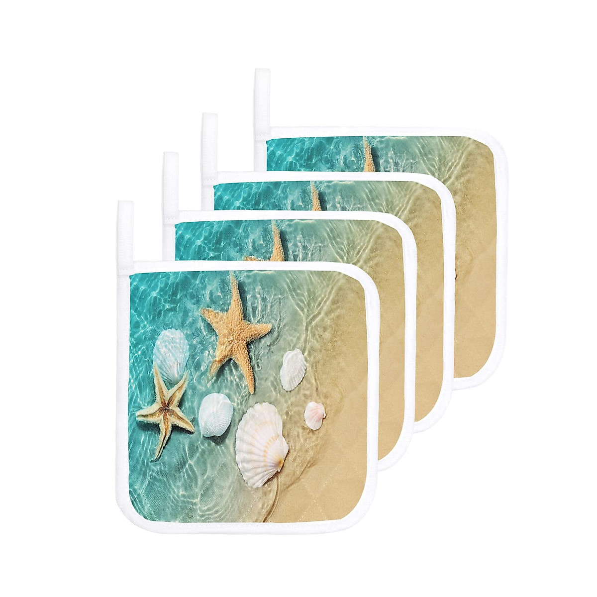 4 Pack Pot Holders Heat Insulation Hot Pads, Ocean Starfish Coastal Shell Washable Oven Pot Holder Set for Kitchen Summer Sea Beach Potholders for Baking Cooking Dining Table