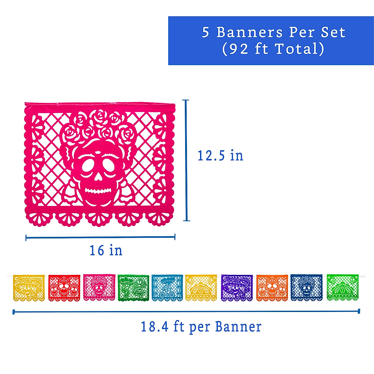 Mexican Party Banners (5 Pack - 10 Plastic Flag Designs per Banner) - Papel Picado Dia de Los Muertos Decorations for Altar - Day of The Dead Banners - Day of Dead Décor
