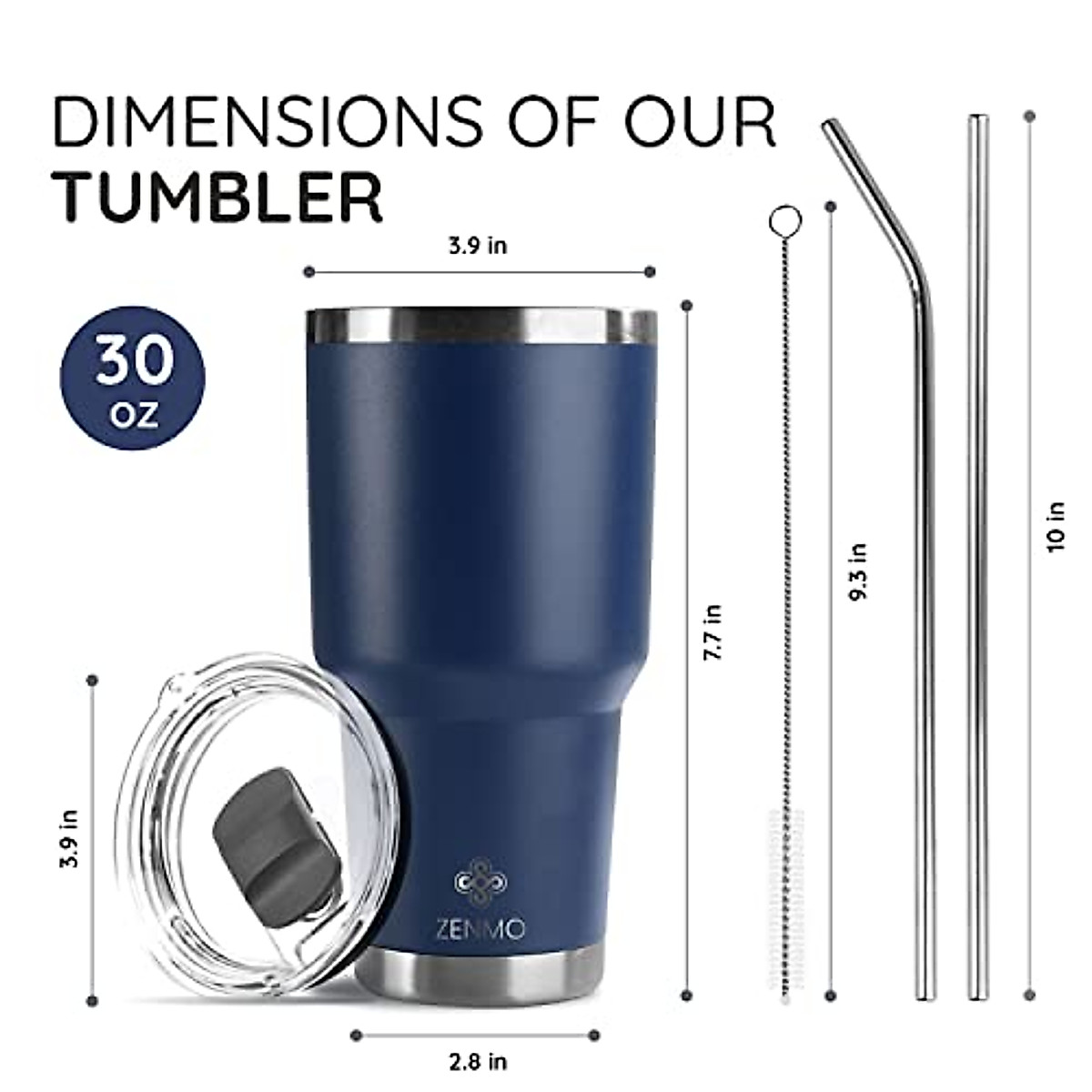 ZENMO Insulated Cup with Straw Lid and Cleaning Brush 30 oz Stainless Steel Double Wall Insulated Travel Mug Reusable Hot and Cold Tumbler Flask for Iced Coffee & Water Meta Thermo Canteen (Dark Blue)