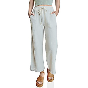 Dokotoo Women's Ladies Fashion Summer Beach Casual Linen Elastic High Waisted Drawstring Comfy Elegant Wide Leg Loose Work Office Long Palazzo Pants for Women Trousers with Pockets White XL