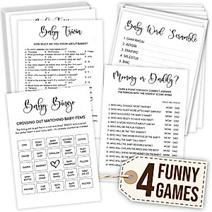 WOODAMORE Funny Baby Shower Games Gender Neutral - Baby Shower Bingo Game for Girl, Baby Bingo for Baby Shower Boy, Baby Trivia Baby Word Scramble Card, Baby Games for Baby Shower Decorations
