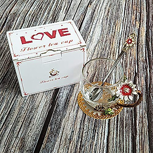 JY-Danbady Enamel Sunflower Crystal Lead-Free Glass Tea Cup with Spoon Set, Present for The Christmas, Valentine's Day.Best Present for Mother, Grandma, Girlfriend, Sister.