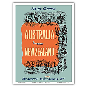 Australia - New Zealand - Fly by Clipper - Pan American World Airways - Vintage Airline Travel Poster c.1951 - Master Art Print (Unframed) 9in x 12in