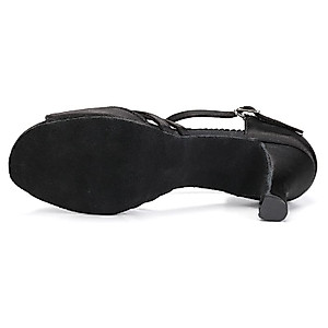 JUODVMP Women T-trap Latin Dance Shoes Satin Ballroom Performance Salsa Tango Black Dance Shoes Model WX2,7cm,6.5 US