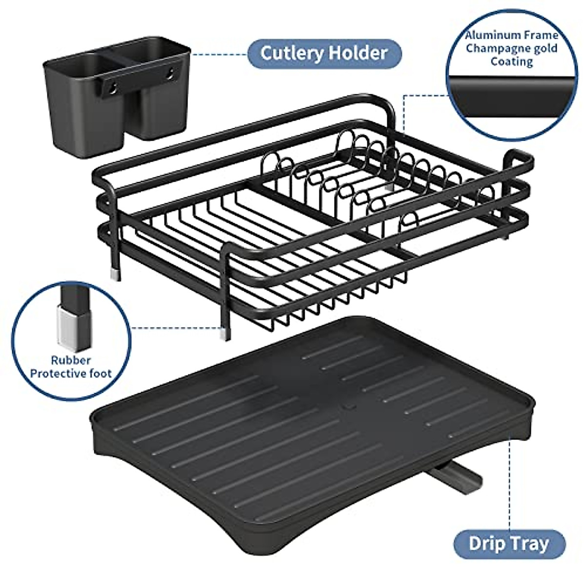 HOWDIA Dish Drying Rack, Aluminum Rust Proof Dish Rack with Swivel Spout Drying Tray, Removable Cutlery Holder for Kitchen Counter