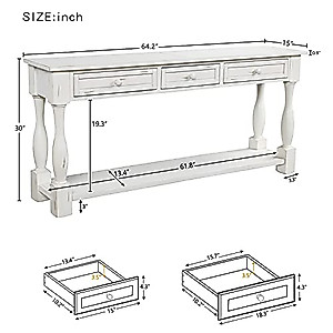 Goohome 64" Long Extra-Thick Console Table Sofa Table with 3 Drawers and Bottom Shelf, Open Countertop, Retro Mediterranean Style Solid Wood Accent Entryway Table for Hallway Living Room