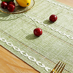 Rustic Farmhouse Style Linen Table Runner, Boho Handmade Tassel Embroidered Small Table Runners 48 Inches Long for Holiday Party, Christmas and Dining Decorations, 13 inchW X 48 inchL - Sage Green