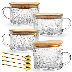 YORY 4-Pack Vintage Glass Mugs with Bamboo lids and Spoons Coffee Tea Cups Gifts for Women Overnight Oats Containers 14oz,