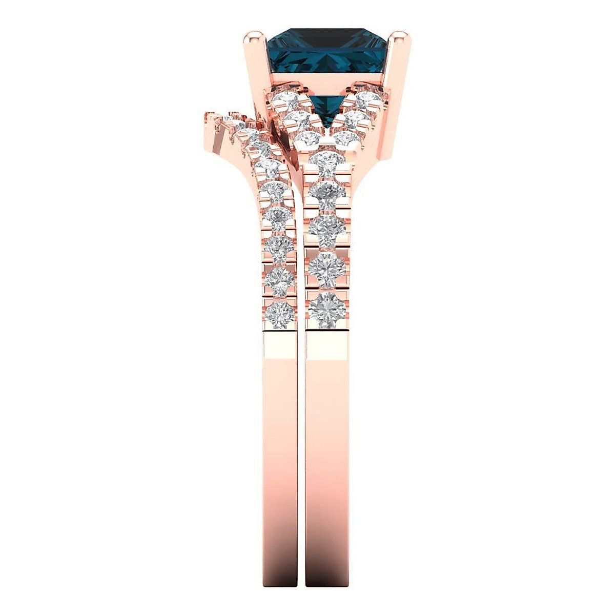Clara Pucci 2.01ct Princess Cut Solitaire Natural London Blue Topaz Engagement Promise Anniversary Bridal Ring Band set 14k Rose Gold 3.5
