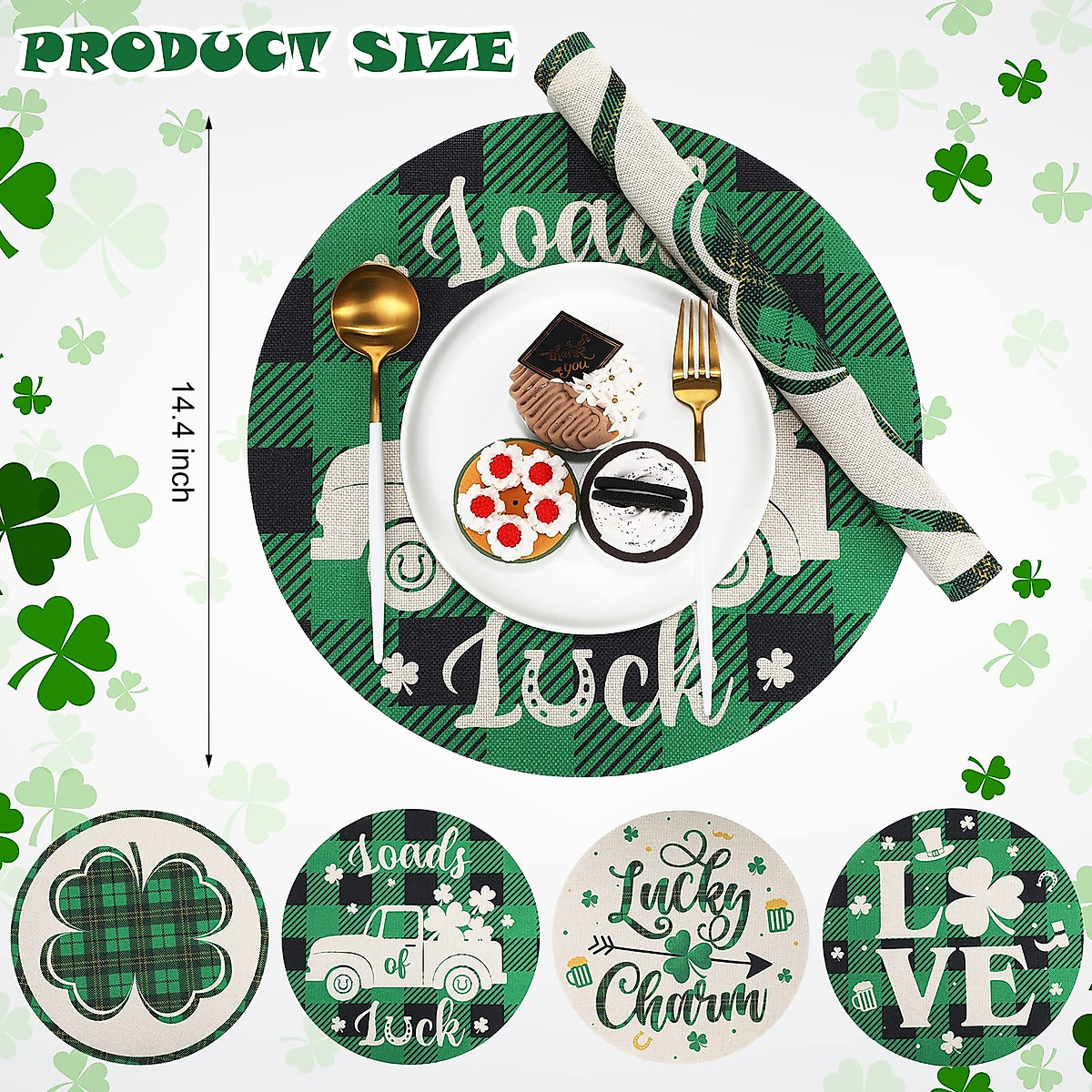 Round Placemats St. Patrick's Day Placemat Buffalo Plaid Check Table Mats Lucky Clover Shamrock Dining Table Mats for St Patrick's Day Holiday Farmhouse Table Decor (Shamrock Pattern,4 Pieces)