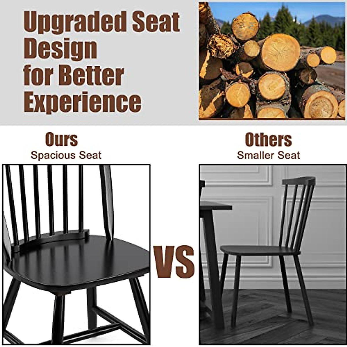 KOTEK Wood Dining Chairs Set of 4, Windsor Chairs with Spindle Back, Solid Wood Legs, Wide Seat, Farmhouse Armless Side Chairs for Living Room, Dining Room, Kitchen (Black)