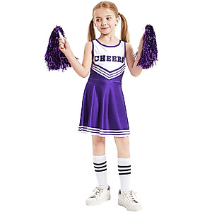 LOLANTA Girls Cheerleader Costumes Dresses Cheerleading Outfit Cheer Uniform with Pom Poms(10-12, purple)