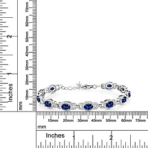 Gem Stone King 925 Sterling Silver Blue Created Sapphire Tennis Bracelet For Women (10.20 Cttw, Oval 6X4MM, 7 Inch With 1 Inch Extender)