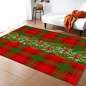Savannan Area Rugs, Christmas Poinsettia Pine Branches Plant Red Green Plaid Tartan Rectangle Floor Rugs Indoor Non-Slip Accent Rug for Living Room Bedroom Office Kids Room Nursery, 2'x3'