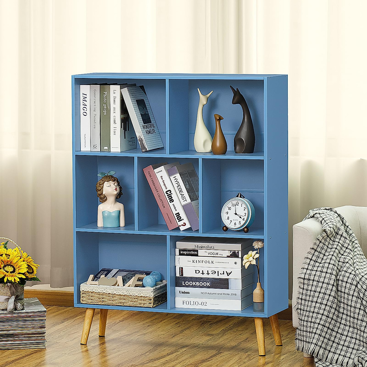YAHARBO 7 Cube Bookshelf, Blue Kids Book Shelf with Cubby Storage,Wooden Modern Bookcase with Legs,3 Tier Freestanding Display Book Case,Children Toy Organizer,Bookshelves for Office,Nursery,Playroom