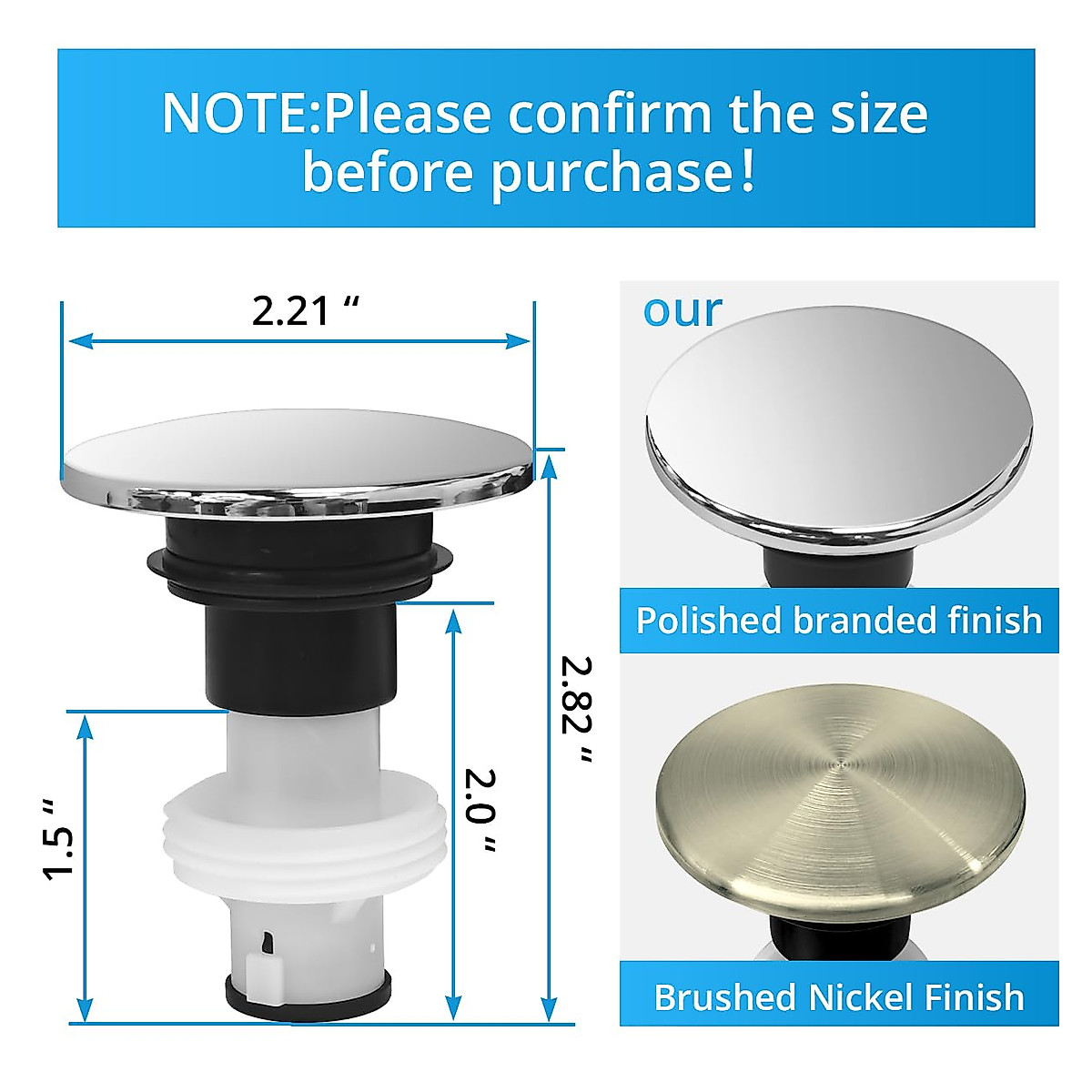 LukeTarp Polished Chrome 972098A Bathroom Sink Push & Seal Pop Up Drain Stopper Assembly,Part number is 35338-06XX,Sealed and Durable