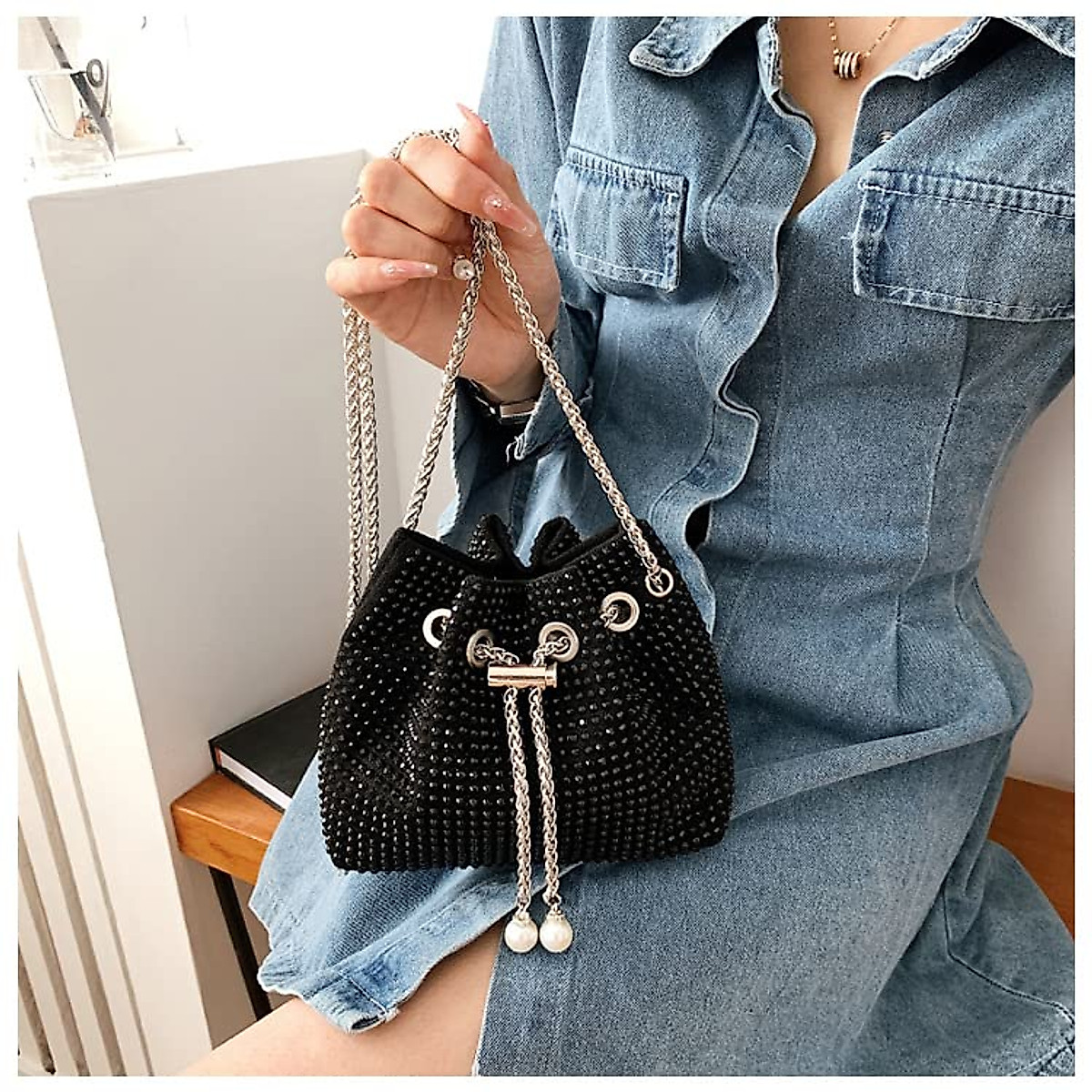 Anopo Women's Sparkly Rhinestone Bag Purse Glitter Handbag Evening Bag Drawstring Bucket Crossbody Bag for Wedding Party Prom Black