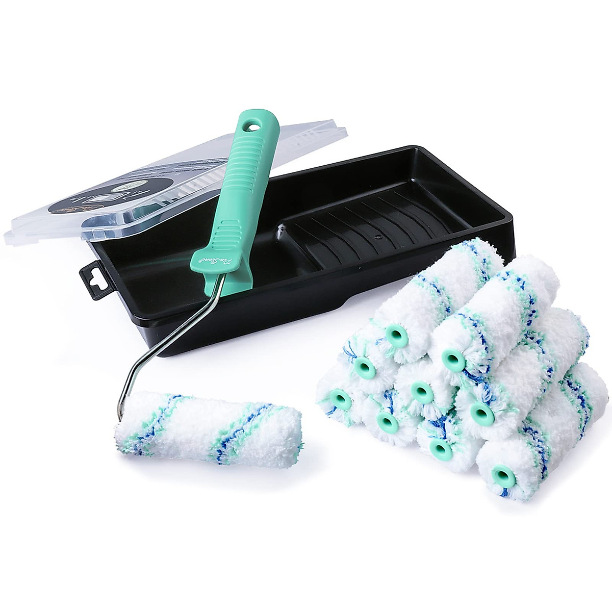 4 inch Small Paint Roller Tray Set, PinStone 12pcs 4" Mini Paint Roller with Extension Threads, 10 Microfiber Covers & Paint Preservation Tray Lid, Mini Rollers for Painting Walls, Cabinets, Touch-ups