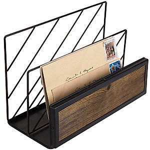 MyGift 2 Slot Black Metal Office Desktop Mail Holder Organizer with Burnt Solid Wood Base and Front Panel Accent, Document File Folder and Magazine Holder Rack