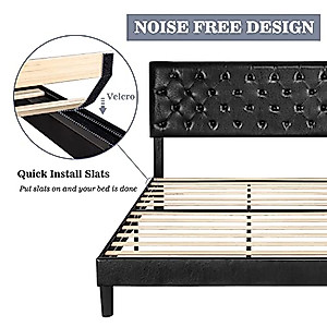 Allewie Queen Bed Frame with Adjustable Diamond Stitched Button Tufted Headboard/Faux Leather Upholstered Platform Bed with Easy-Assembly Wood slats, Black
