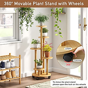 FILWH Plant Stand For Outdoor Indoor Tall Bamboo Movable Flower Stand With Wheels Plant Shelf Pot Holder Plants Corner Display Rack Multiple Planter For Living Room Balcony Garden Patio (Natural)