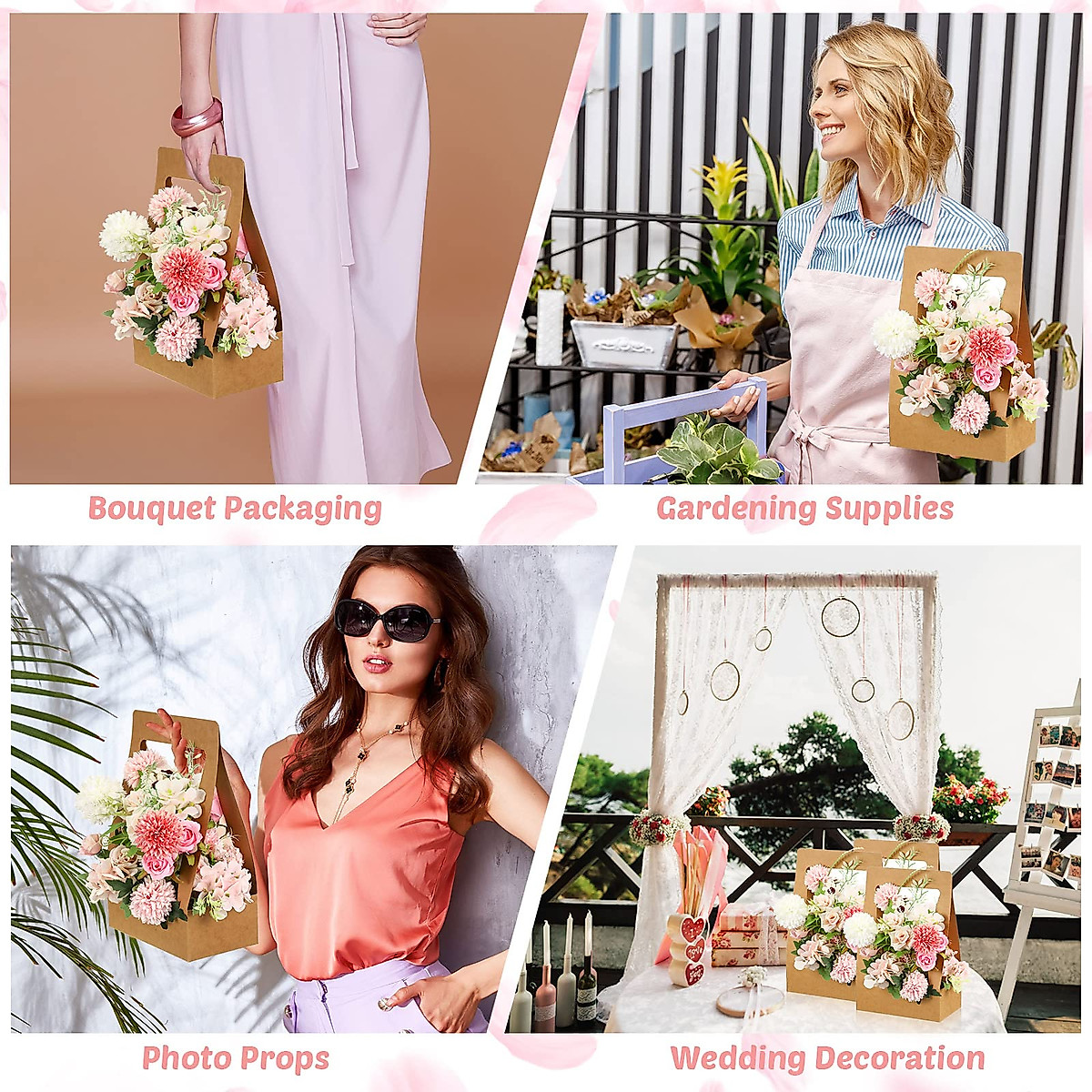 Sabary 12 Pcs Craft Paper Gift Bags Flower Box with Handle Valentine's Day for Arrangements Flower Bouquet Packaging Floral Basket Supplies Graduation Wedding Christmas Mother's Father's Day