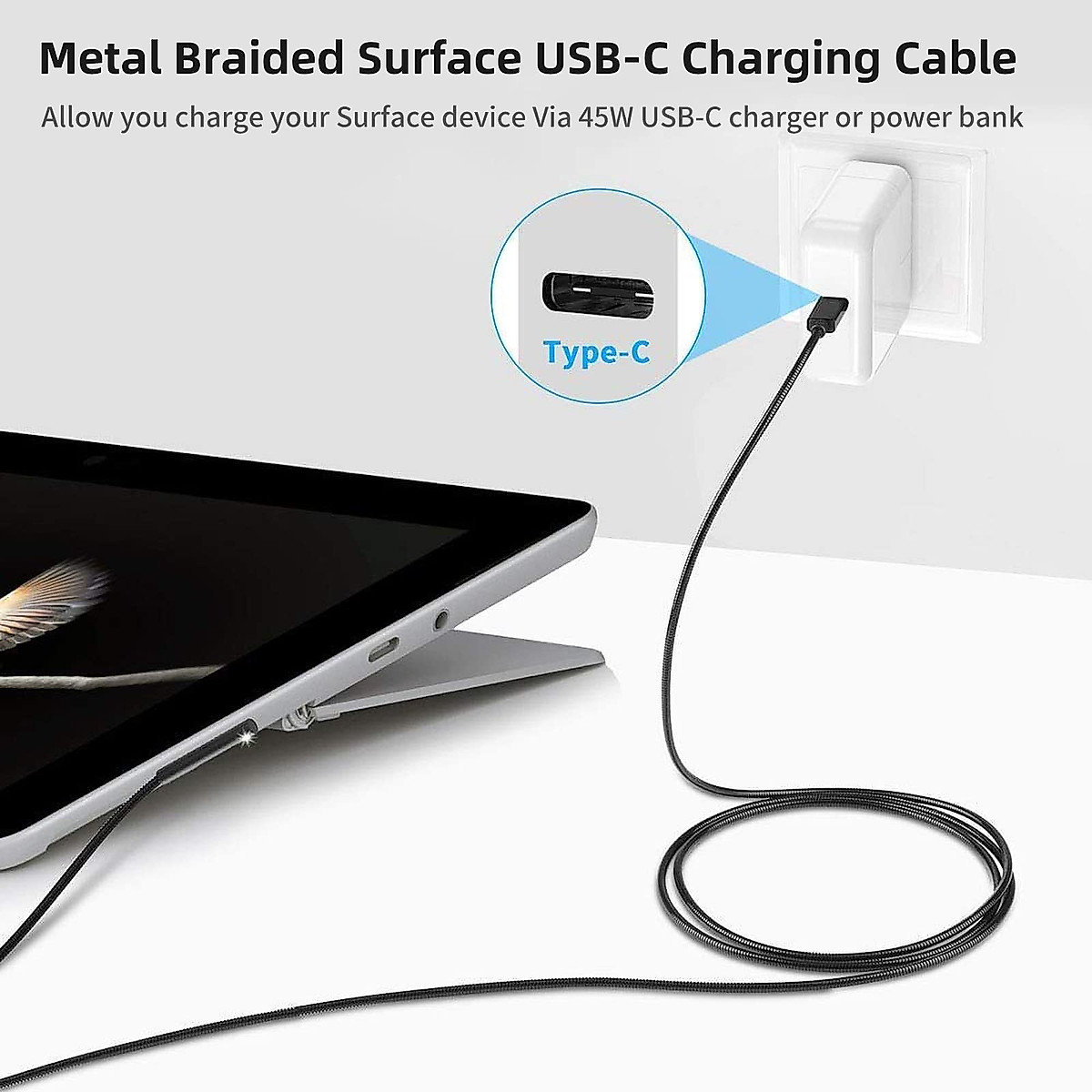 Sisyphy Metal Braided Surface Connect to USB-C Charging Cable (Bright Black 5ft), Compatible for Microsoft Surface Pro7 Go2 Pro6 5/4/3 Laptop3/2/1, Works with 45W 15V3A USBC Charger Power Supply