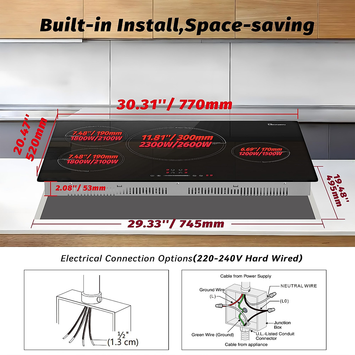 Induction Cooktop 30 Inch,4 Burner Electric Stove with Power Boost Smooth Surface Ceramic Glass,Black,220-240V,Shutdown,Timer,Pause,Child Lock,Drop-in,Hot Plate Cooktop,Electric Induction Burner,7200W