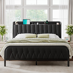 Feonase Leather Queen Bed Frame with Fast Charging Station,Queen Size Metal Platform Beds with Upholstered Headboard & Footboard,12" Underbed Storage Space,Easy Assembly,Noise-Free,Black