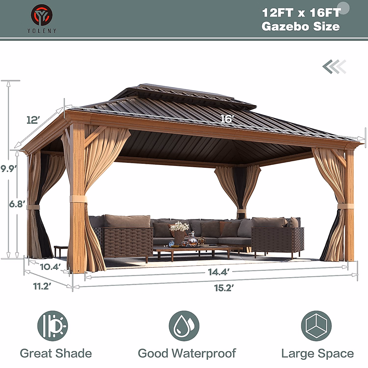 YOLENY 12'x16' Hardtop Gazebo, Wood Grain Aluminum Frame Outdoor Gazebo with Double Galvanized Steel Roof, Permanent Metal Pavilion with Curtains and Nettings for Patio, Backyard, Deck and Lawns
