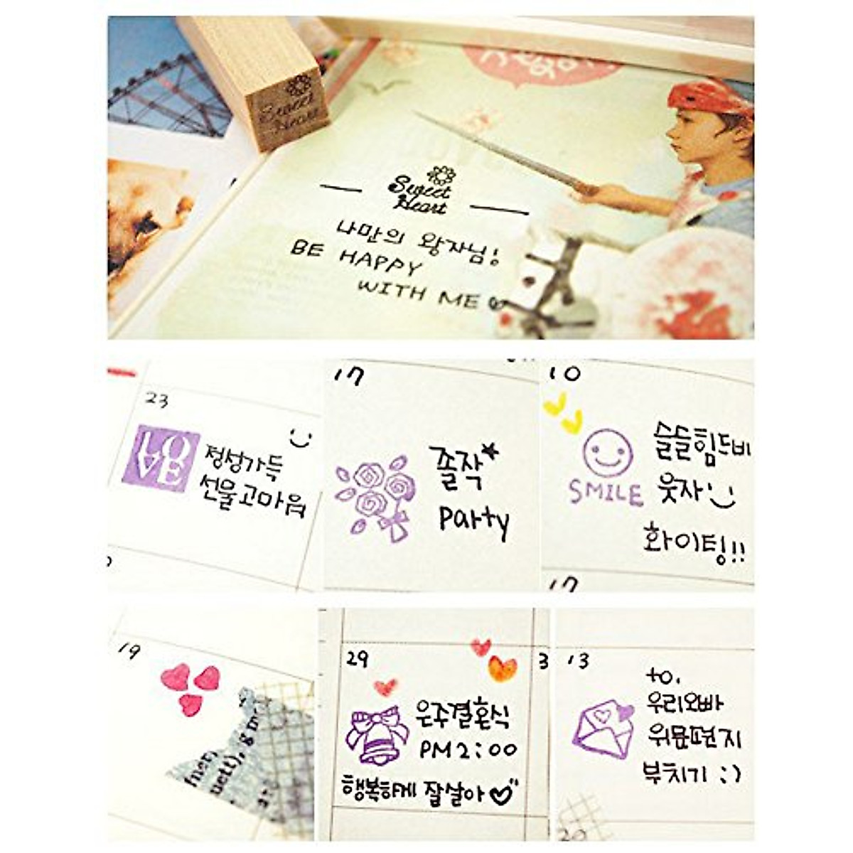 Wooden Rubber Stamps,Youkwer 25 Pcs Mini Cute DIY Diary Stamps Set with Wooden Box （25PCS，Love Diary）