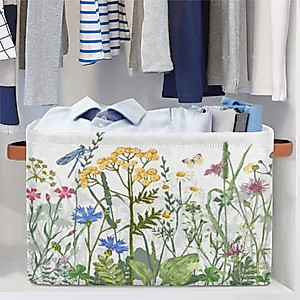 Storage Basket Bin, Flower Herb Butterfly Dragonfly Large Collapsible Storage Cube Box with Handle Durable Waterproof Closet Shelf Organizer for Toy Nursery Bedroom Laundry Basket, 1 Pcs