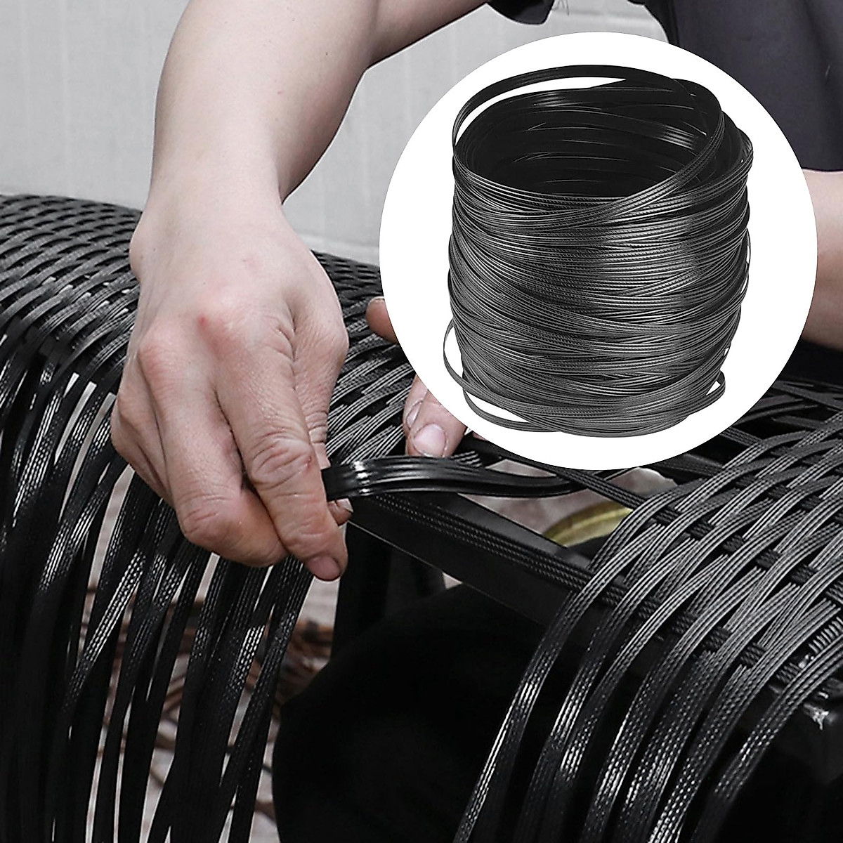 KingBra 230Ft/1.1Lb Wicker Repair Kit, Wicker Repair Supplies, Flat Plastic Rattan Weaving Material for Rattan Patio Furniture Sofa Chair Table Repair and Storage Basket (Black with Ribbing)