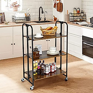 Giantex Foldable Storage Shelves with Wheels, No Assembly 3-Tier Rolling Cart, 2 of The Wheels Have Locks, Microwave Utility Cart Baker Rack, Portable Storage Rack w/Metal Frame, for Kitchen, RV
