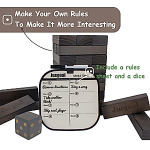 Juegoal 54 Pieces Giant Tumble Tower Blocks Game Giant Wood Stacking Game with 1 Dice Set, Gameboard, Canvas Bag for Adult, Kids, Family, Grey