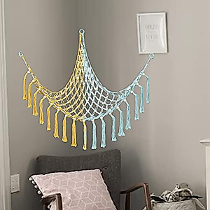figatia Stuffed Animal Toy Storage Hammock, Macrame Room Corner Organizer Mesh Decoration, Hanging Storage Nets Kids Bedroom, Yellow and Blue, 100cmx100cmx130cm