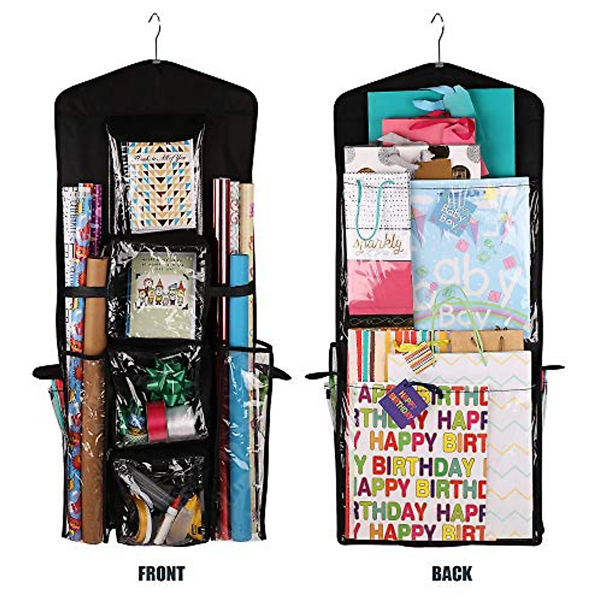 Regal Bazaar Large Double-Sided Hanging Black Gift Bag Organizer & Dual-Sided Hanging Black Gift Wrap Organizer - Two Great Hanging Organizer Products for Your Home