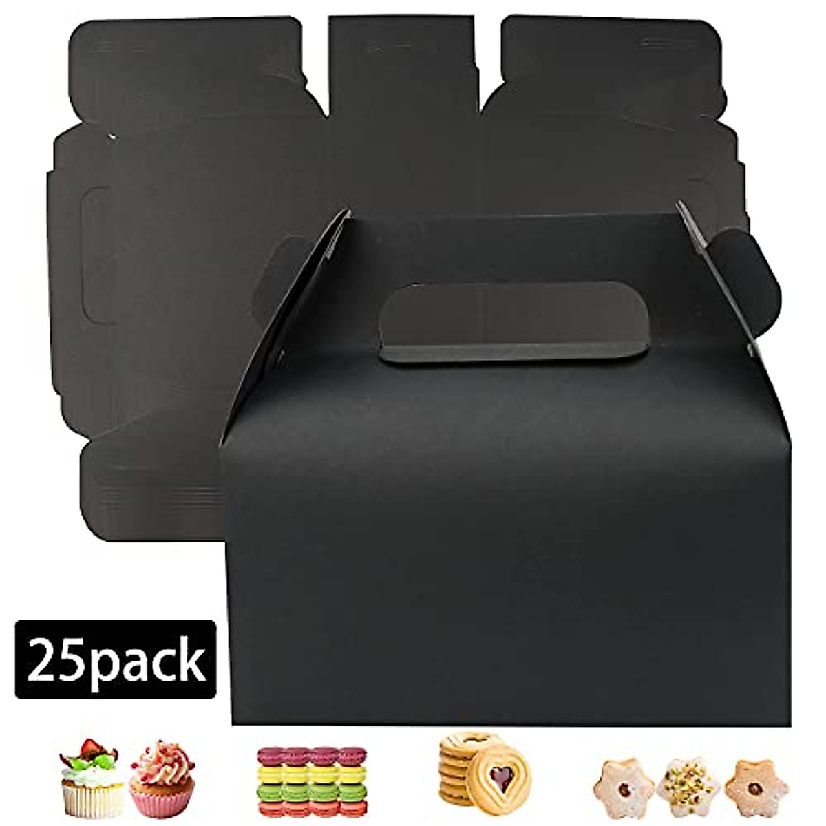 GUIFIER 25 Pack Black Treat Boxes Gable Boxes Party Favor Boxes Goodie Gift Boxes Paper Boxes with Handles for Birthday Shower Celebrating and Party Dessert Boxes for Candy, Cookies 6.5x3.6x3.4 Inches
