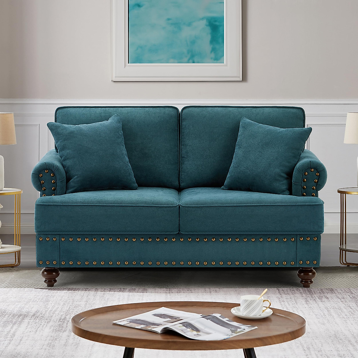 Asucoora Rolled Arm Chenille Upholstered Loveseat, 2-Seater Sofa Couch with Nailhead Trim and 2 Pillows Green