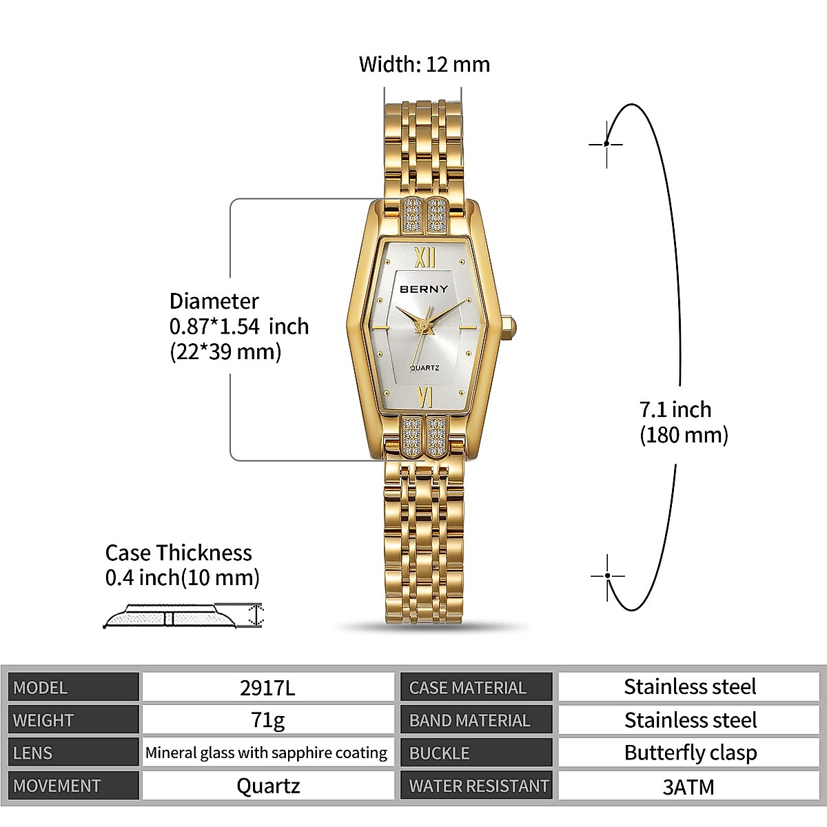 BERNY Gold Watches for Women Dainty Hexagon Ladies Quartz Wrist Watches Stainless Steel Band Fashion Analog Watch Luxury Bracelet(White Dial)