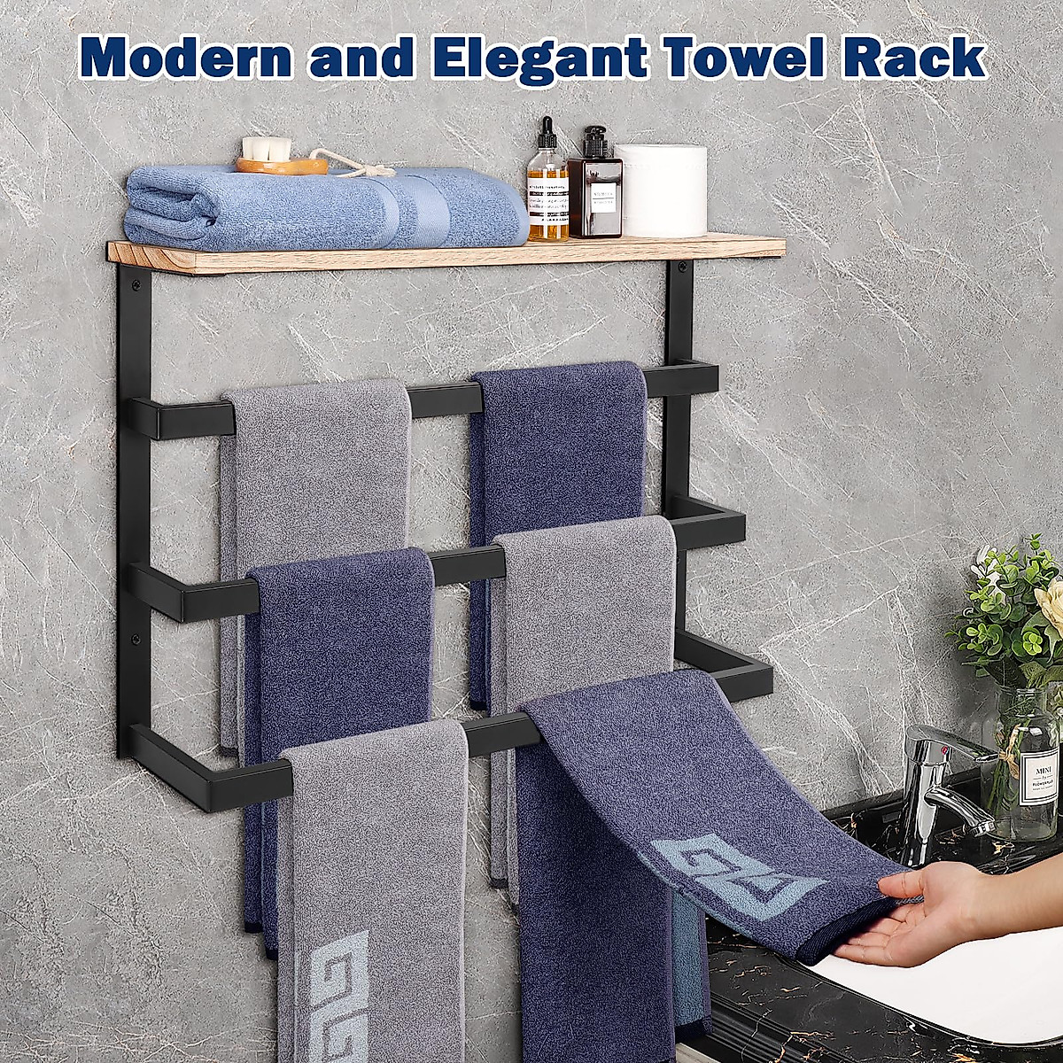 NearMoon Hanging Towel Rack for Bathroom, Thicken Metal Towel Holder with Wood Shelf, 3-Tier Towel Bar Storage, Wall Mounted Towel Hangers Bathroom Decor Organizer Accessories (24 Inch, Matte Black)