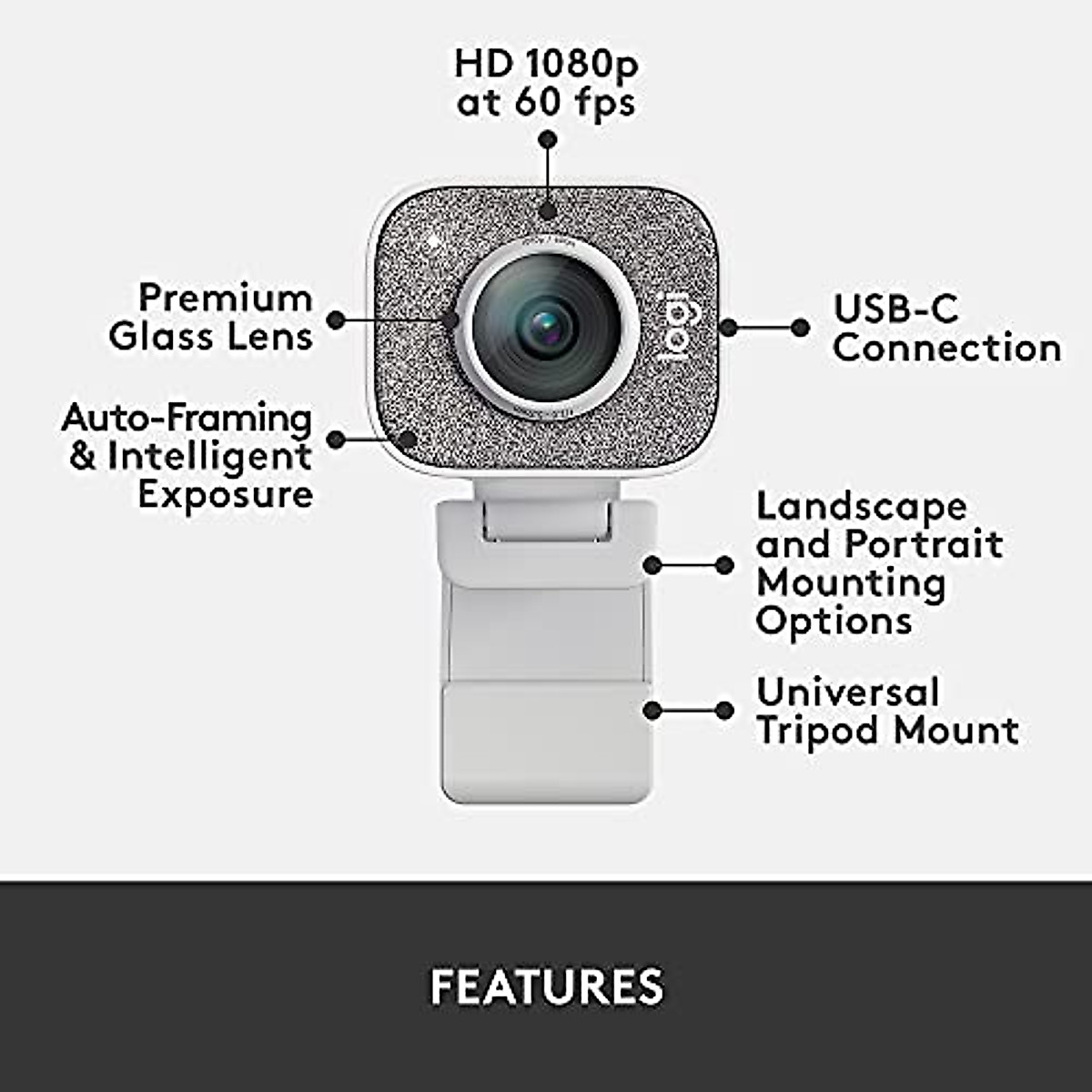 Logitech for Creators StreamCam Webcam for Streaming and Content Creation, Full HD 1080p 60 fps, Premium Glass Lens, Smart Auto-Focus, for PC/Mac - White