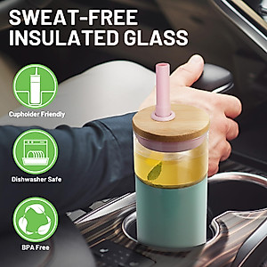 Tronco 20 oz Double Walled Insulated Glass Tumbler with Straw and Lid, Vacuum Stainless Steel Outer, Reusable Insulated Iced Coffee Cup Smoothie Cup, Sweat-Free, BPA Free