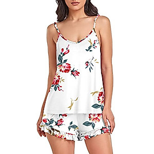 POPYOUNG Ruffled Camisoles Pajamas for Women's Sexy Sleepwear Soft Lingerie Cami Shorts Set Nightwear S,Floral White