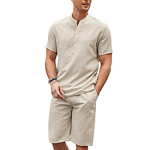 COOFANDY Men's 2 Pieces Linen Set Casual Henley Shirts Short Sleeve Beach Yoga Shorts Summer Pants Outfits