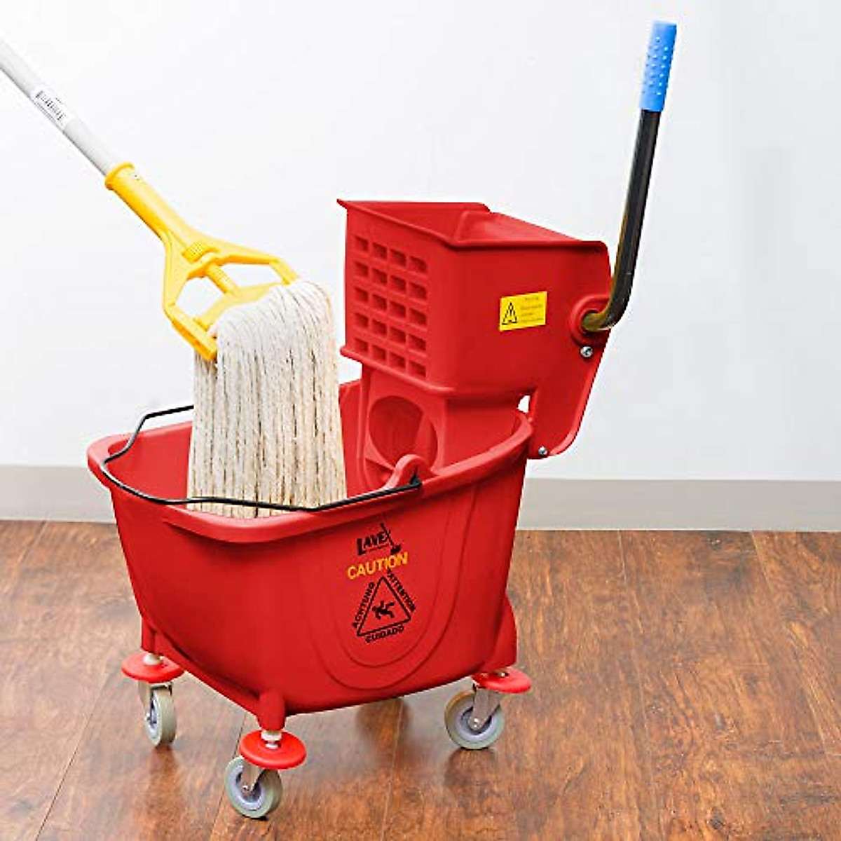 Red Lavex Janitorial 35 Qt./ 9 Gallon/ 34 Liters Brown Mop Bucket & Side Press Wringer Combo. Perfect to use at Home, Commercial, Restaurant, Hotel, School, Front-of-House, bathrooms, The Kitchen.