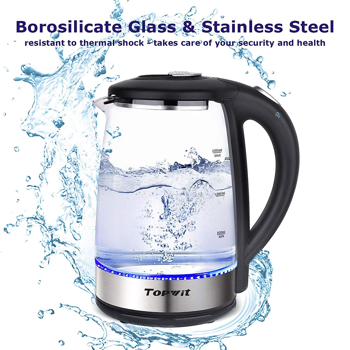 TOPWIT Electric Kettle Glass Hot Water Kettle, 2.0L Water Warmer, BPA-Free Stainless Steel Lid & Bottom, Tea Kettle with Fast Heating, Auto Shut-Off & Boil Dry Protection