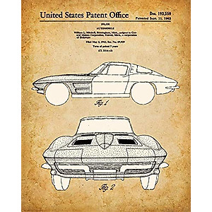 Original Corvette Patent Art Prints - Set of Four Photos (8x10) Unframed - Makes a Great Man Cave Decor and Gift Under $20 for Corvette Owners and Car Enthusiasts