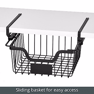 mDesign Wire Under Shelf Organizer for Cabinet - Sliding Basket for Under Cabinet Shelf - Hanging Organizer Rack for Kitchen and Pantry with Label Space - Carson Collection - 2 Pack - Matte Black